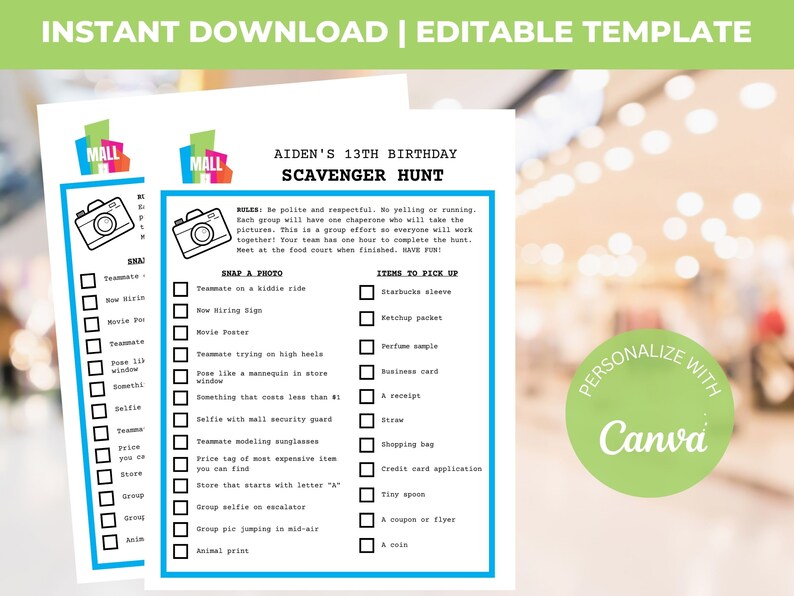EDITABLE Mall Scavenger Hunt List Teen Scavenger Hunt - Etsy