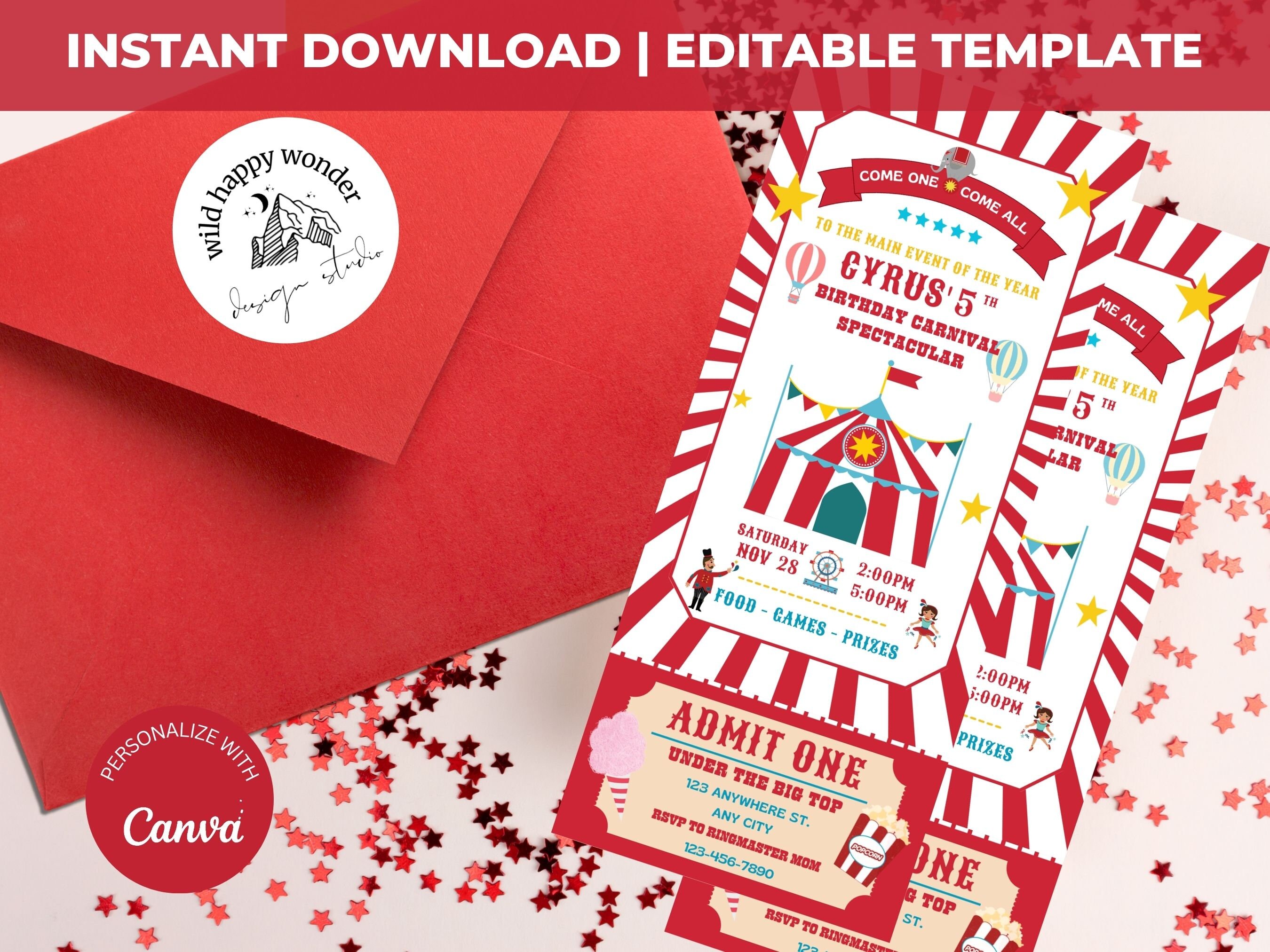 EDITABLE Carnival Circus Ticket Invitation Birthday Party Instant Download Printable Invitation ...
