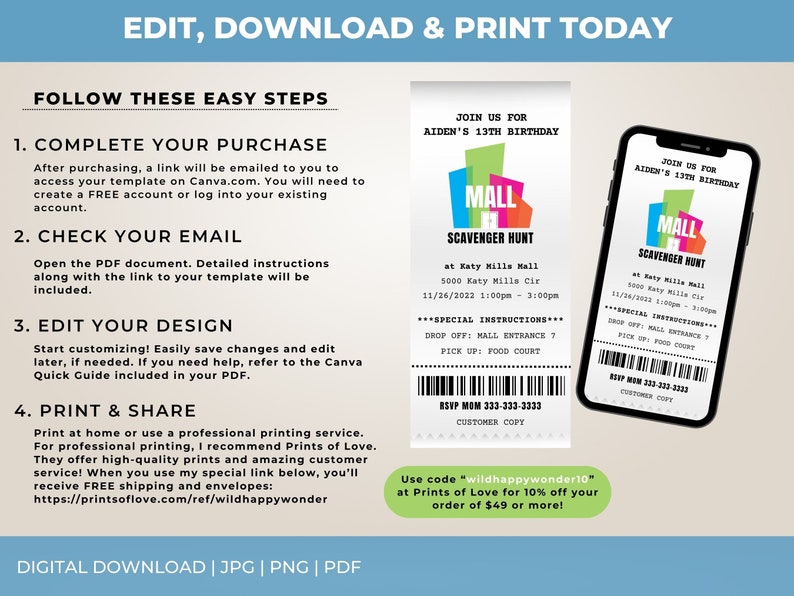 EDITABLE Mall Scavenger Hunt Receipt Invitation, Boy Girl Teen Birthday ...