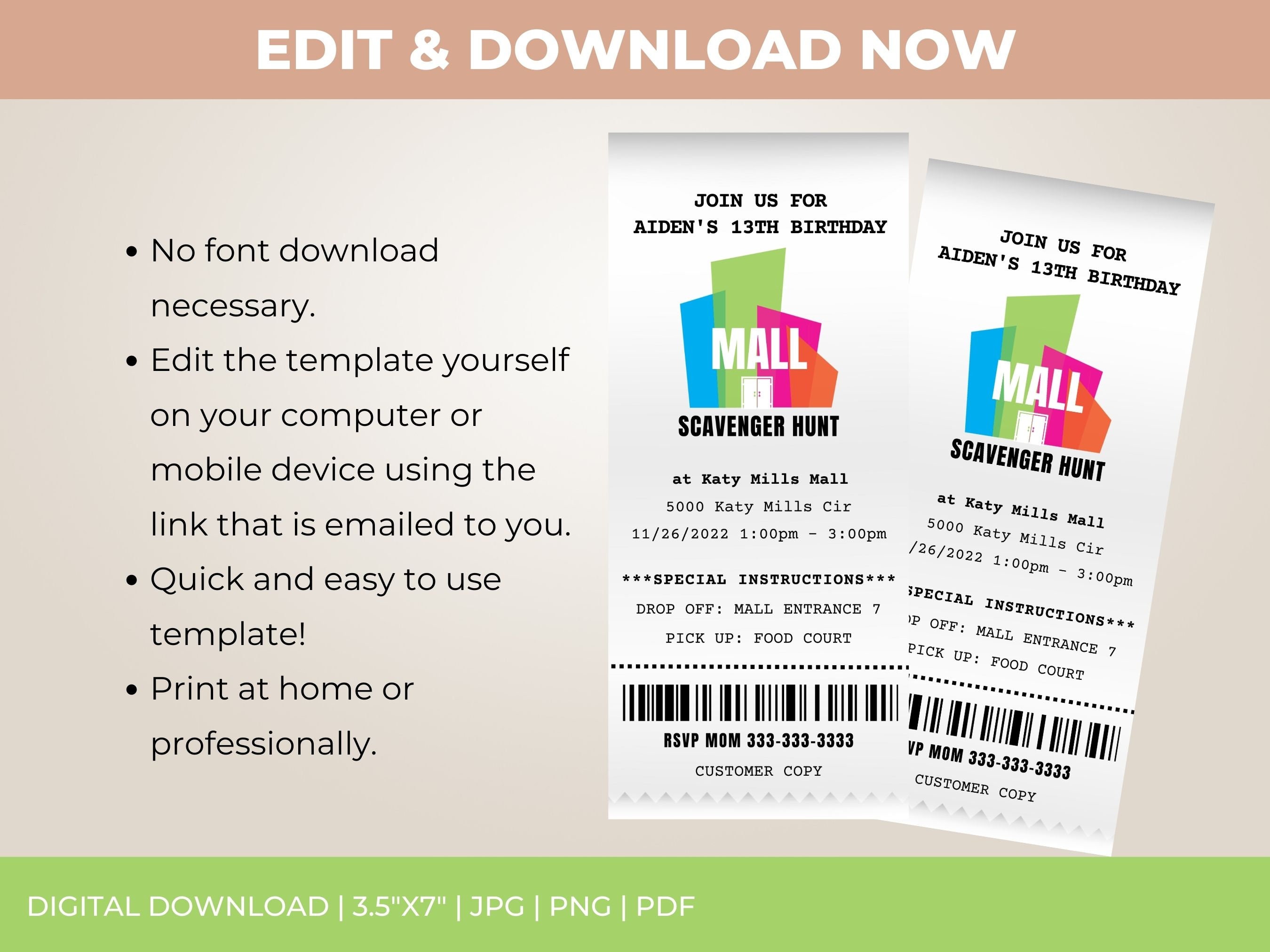 EDITABLE Mall Scavenger Hunt Receipt Invitation Boy Girl Birthday Party ...