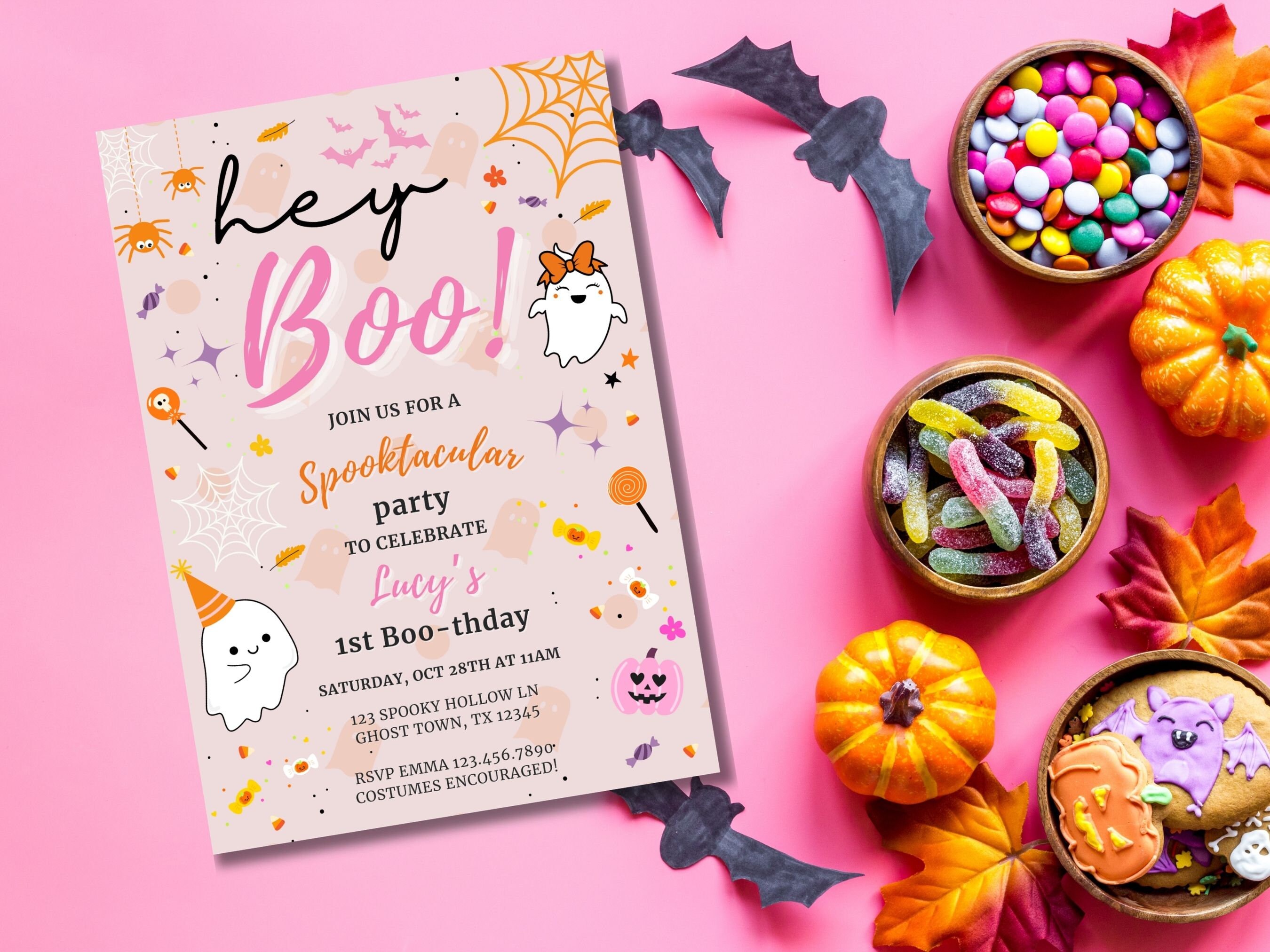 EDITABLE Hey Boo Birthday Invitation Pink Halloween Ghost - Etsy