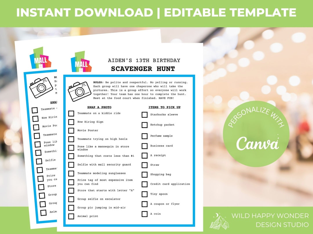 EDITABLE Mall Scavenger Hunt List Teen Scavenger Hunt - Etsy