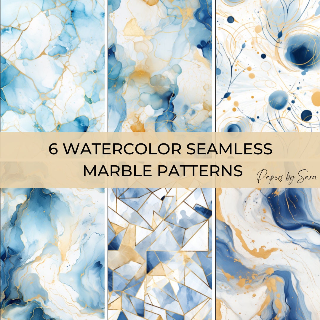 6 Seamless Patterns Watercolor Gold and Blue Marble in PNG - Etsy