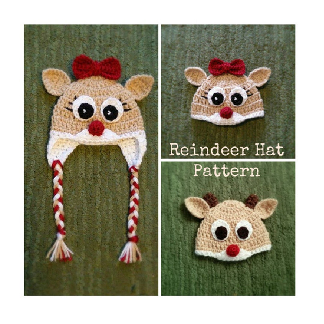 Crochet Reindeer Hat Pattern, Holiday Hat Pattern, Crochet Reindeer Hat ...