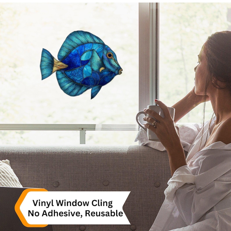 Regal Blue Tang Window Cling Stained Glass Look Decal Sticker Window ...