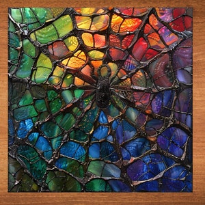 Spider Web With Dew Stained Glass Look Art on Glossy Ceramic Tile ...