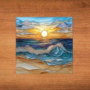Gentle Ocean Waves Sunrise Ceramic Art Tile Stained Glass Look Glossy ...