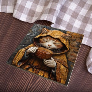 Peaceful Medieval Monk Cat Decorative Tile Ceramic Art Tile Wall Decor ...