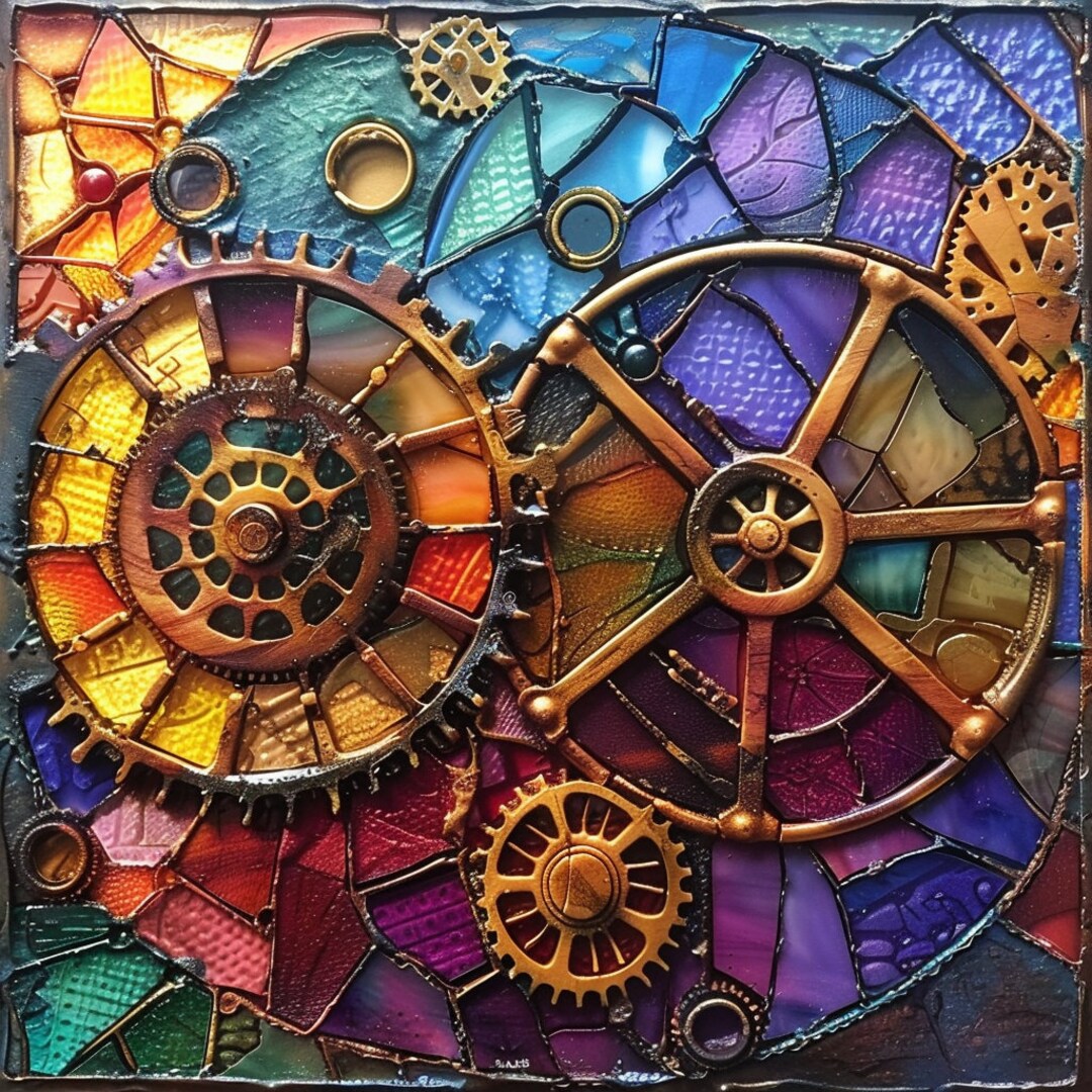 Steampunk Cogs Colorful Stained Glass Look Art on Glossy Ceramic ...