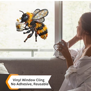 Bee Drinking Coffee Stained Glass Window Cling Sticker Decal Vinyl ...