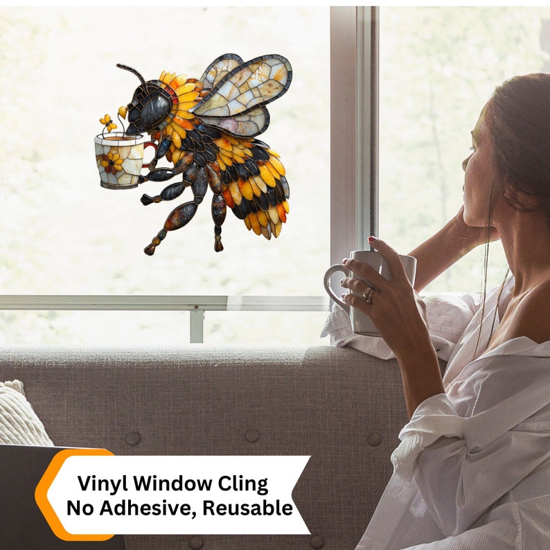 Bee Drinking Coffee Stained Glass Window Cling Sticker Decal Vinyl ...