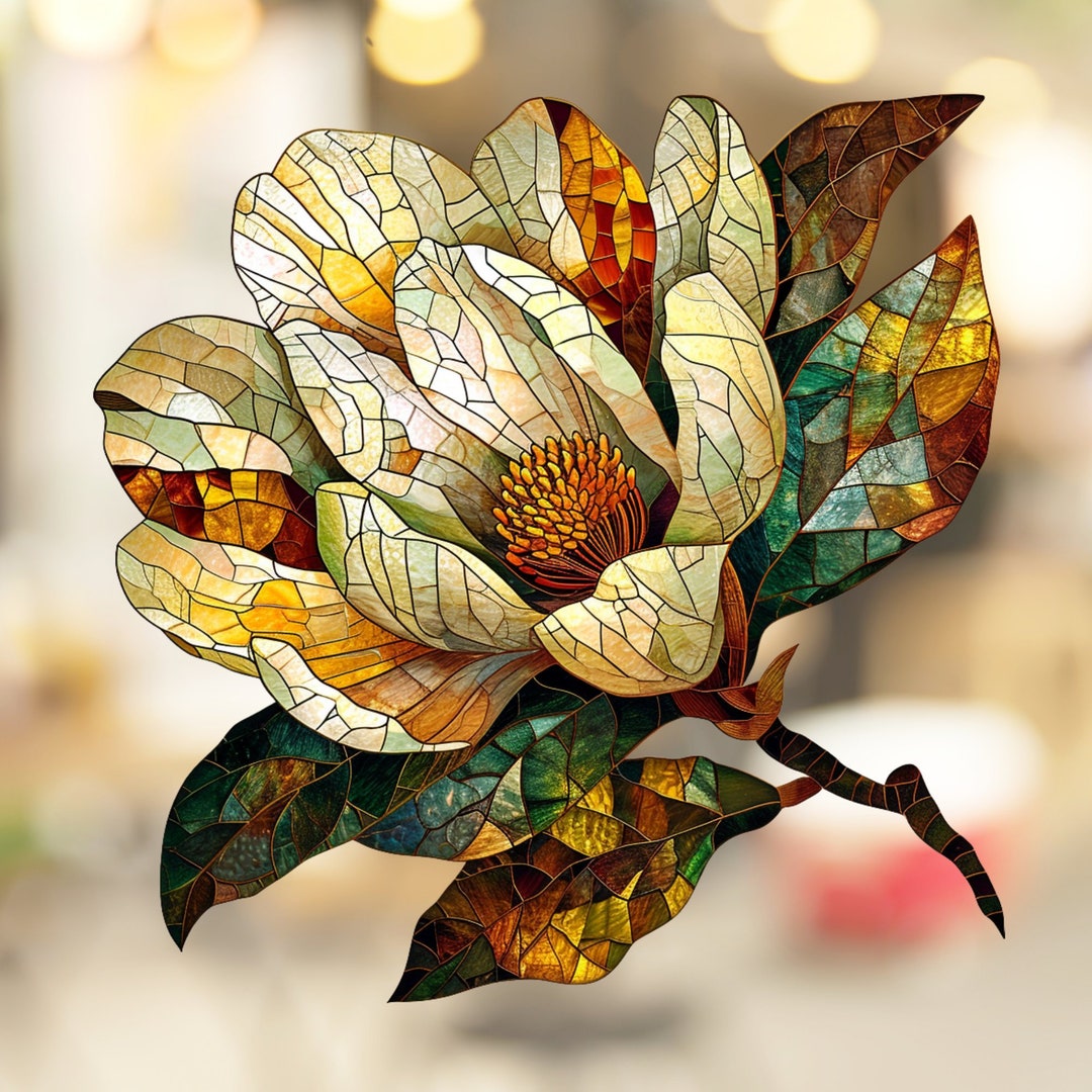 Magnolia Stained Glass Window Cling Beautiful Flower Window Artwork ...