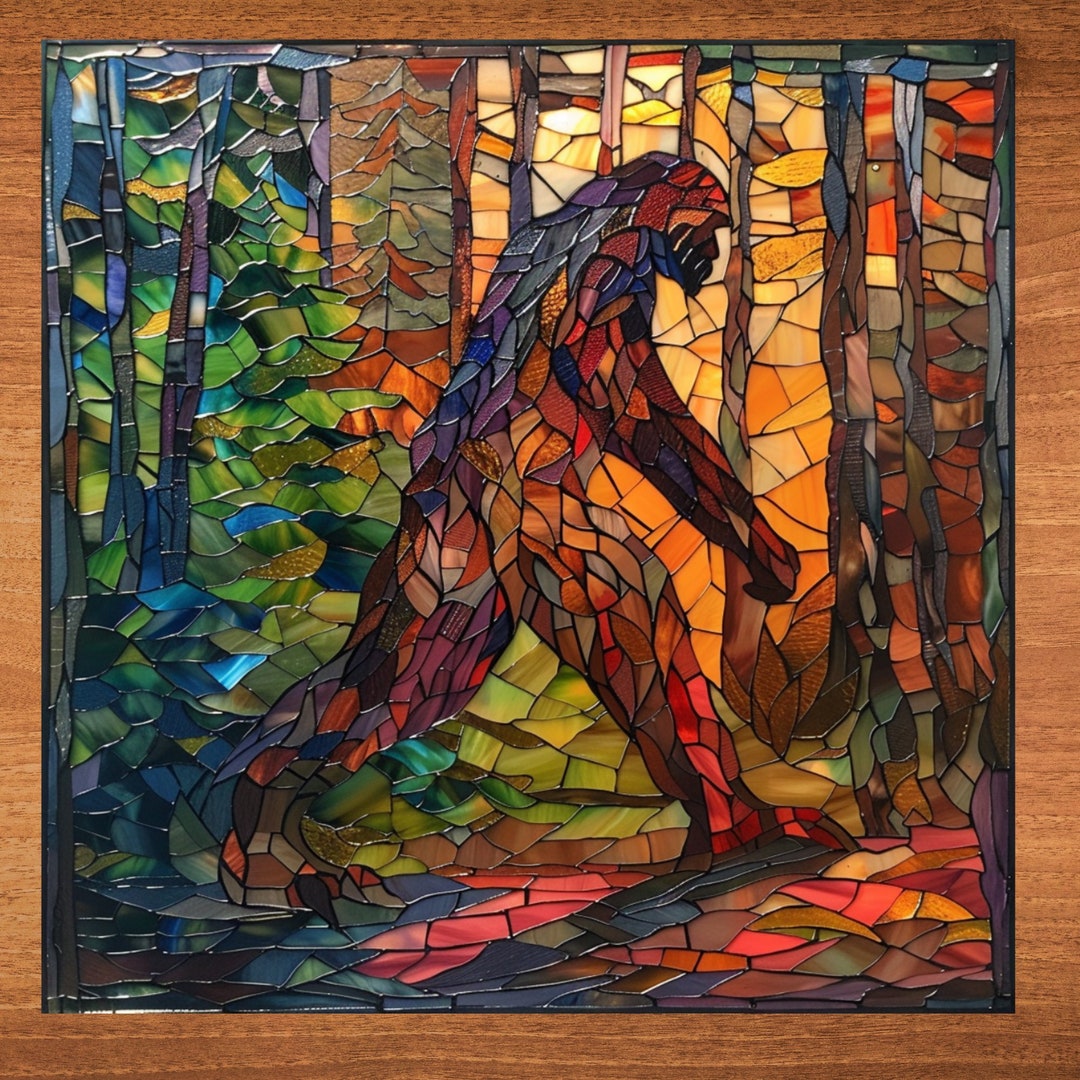 Sasquatch Walking in the Woods Stained Glass Look Art on Glossy Ceramic ...