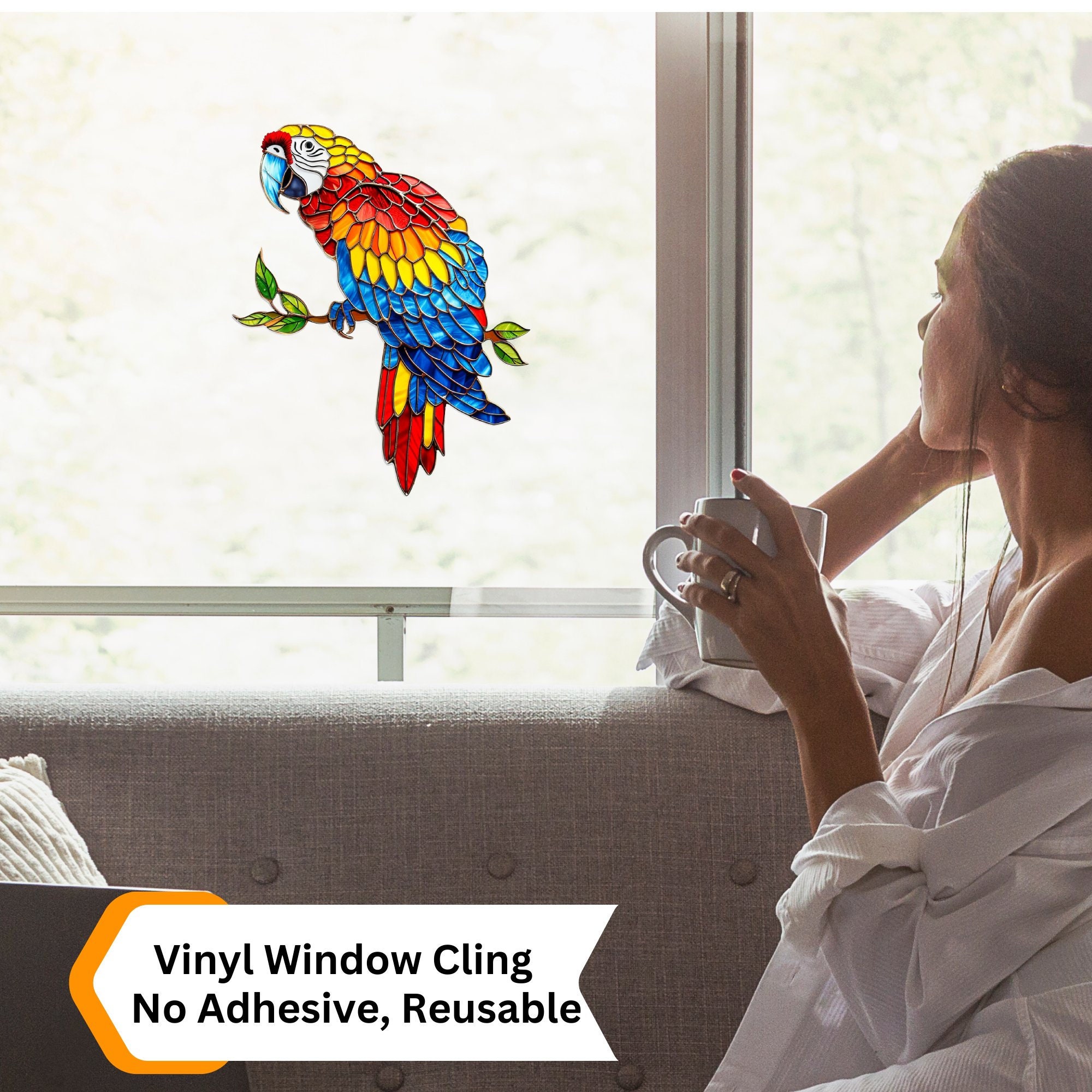 Macaw Stained Glass Window Cling Decal Sticker Vinyl Window Film Artful ...