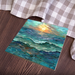 Ocean Waves at Sunrise Stained Glass Look Art on Glossy Ceramic Tile ...
