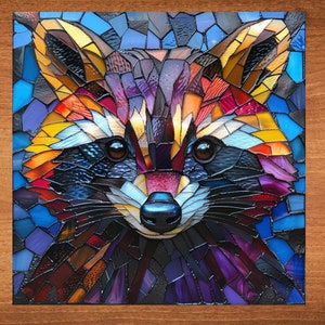 Raccoon Stained Glass Look Art on Glossy Ceramic Decorative Tile ...