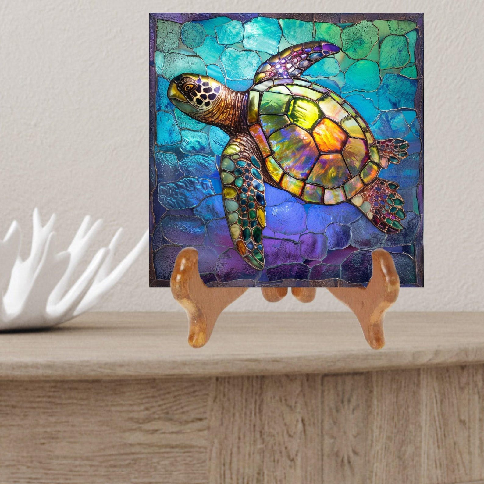 Sea Turtle Stained Glass Look Art on Glossy Ceramic Tile Tileful Artful ...