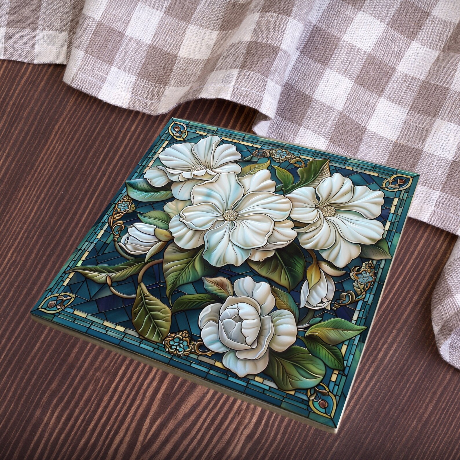 Gardenias Ceramic Art Tile Art Nouveau Deco Wall Decor Coffee Table ...