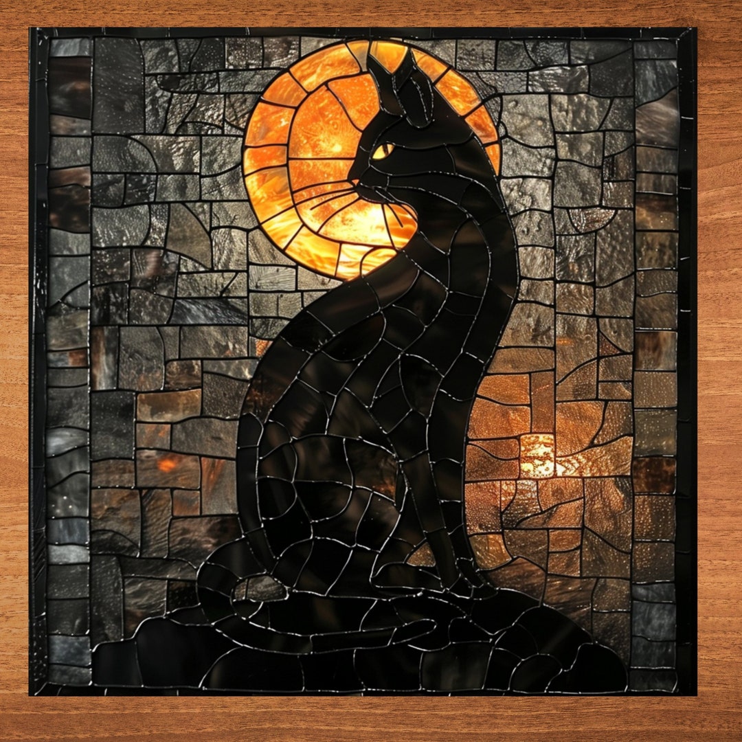Black Cat and Full Moon Stained Glass Look Art on Glossy Ceramic Tile ...