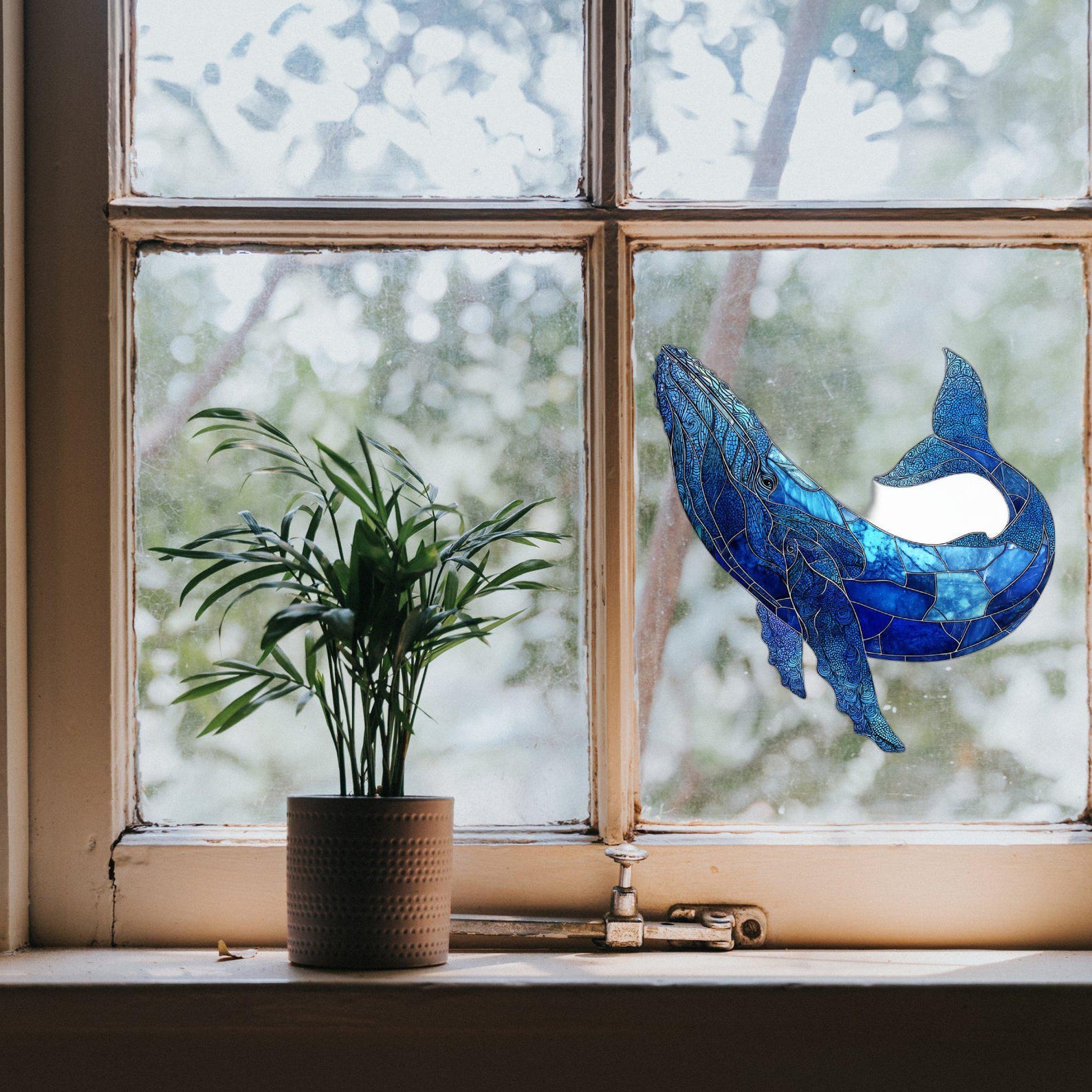 Blue Whale Window Cling Stained Glass Look Decal Sticker Window Film No ...