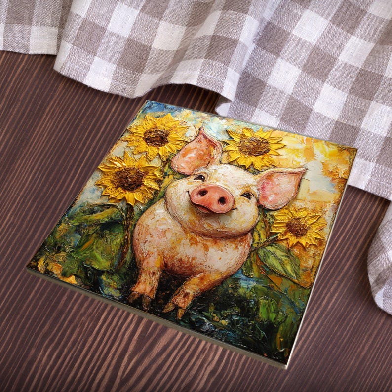 Pig in Sunflower Field Decorative Tile Ceramic Art Tile Wall Decor ...