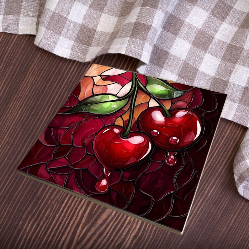 Two Dark Red Cherries Decorative Tile Ceramic Art Tile Wall Decor ...