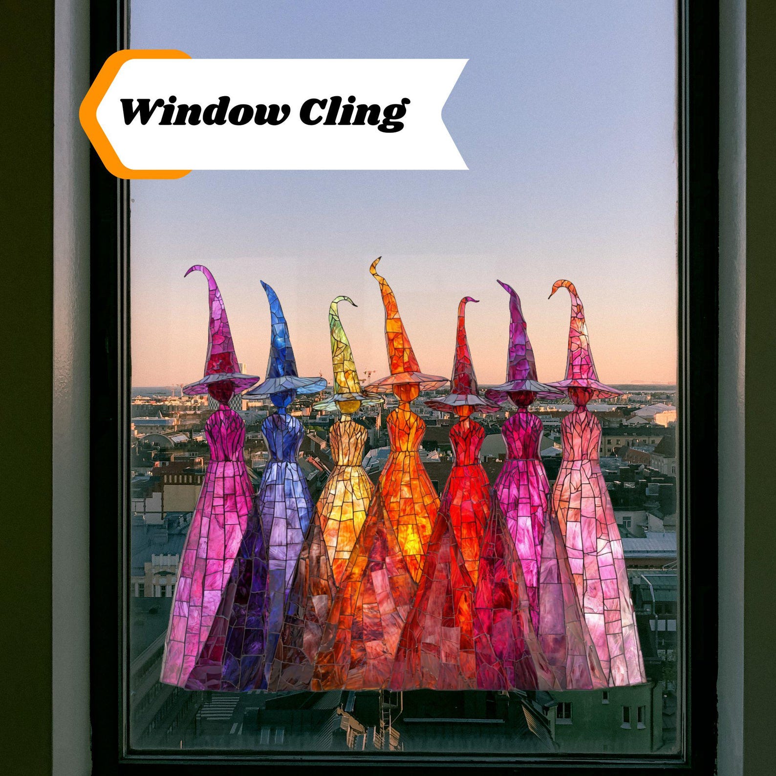 Colorful Row of Witches Window Cling Sticker Pink Halloween Decor ...