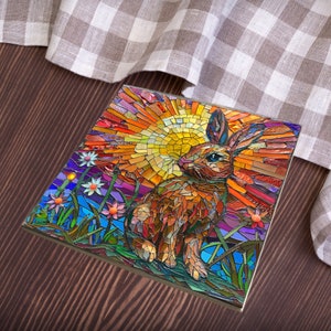 Rabbit Stained Glass Look Art on Glossy Ceramic Decorative Tile Tileful ...