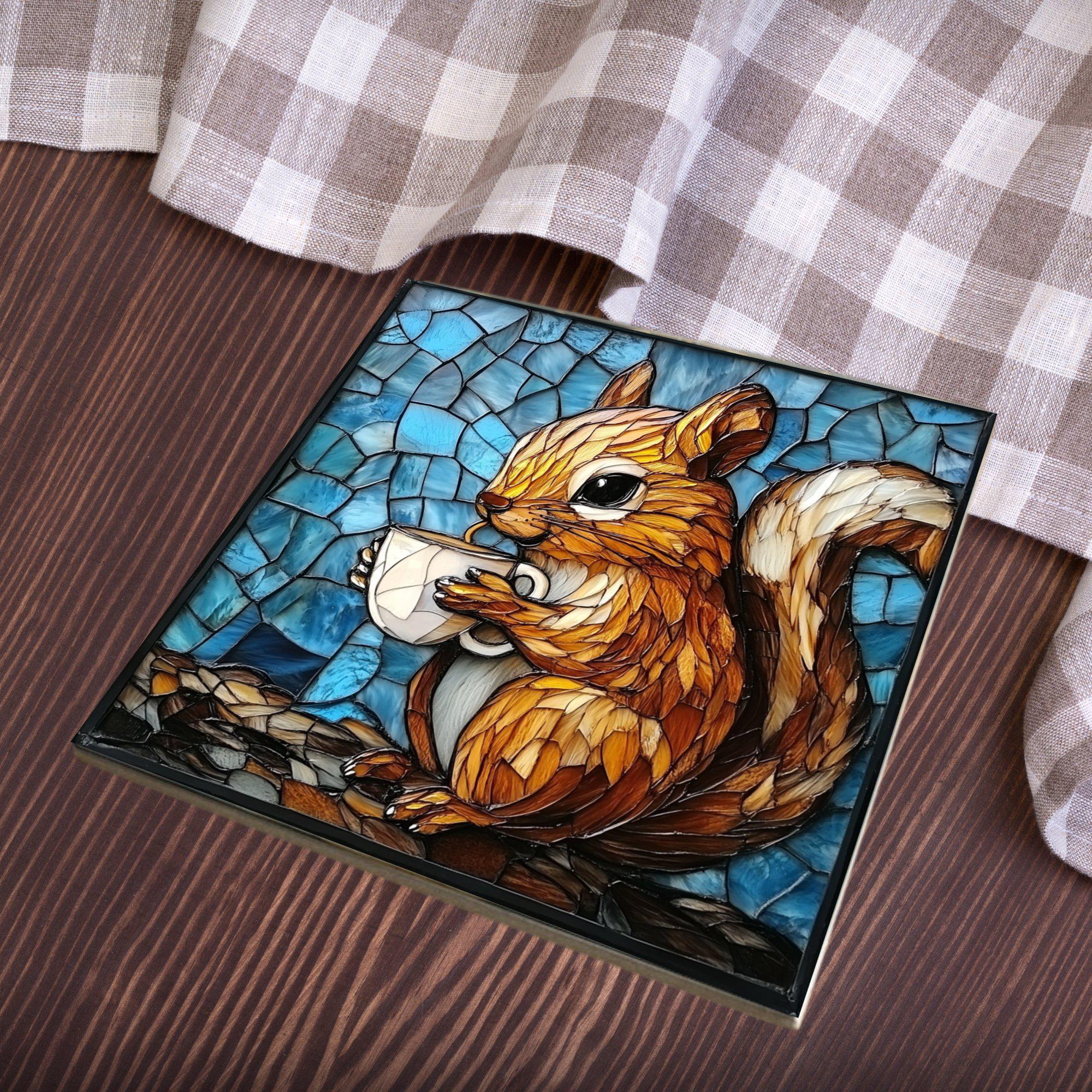 Squirrel Drinking Coffee Ceramic Tile Art Decor for Bookshelf Book Nook ...