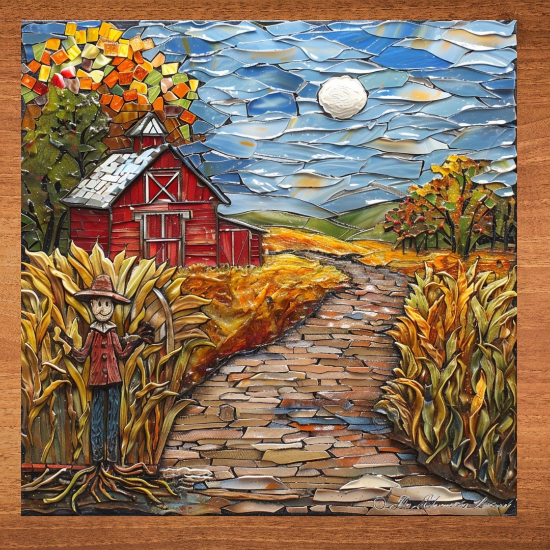 Rustic Fall Farm Scene Stained Glass Look Art on Glossy Ceramic Tile ...