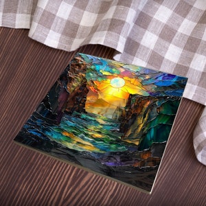 Rocky Cliffs Ocean Stained Glass Look Art on Glossy Ceramic Decorative ...