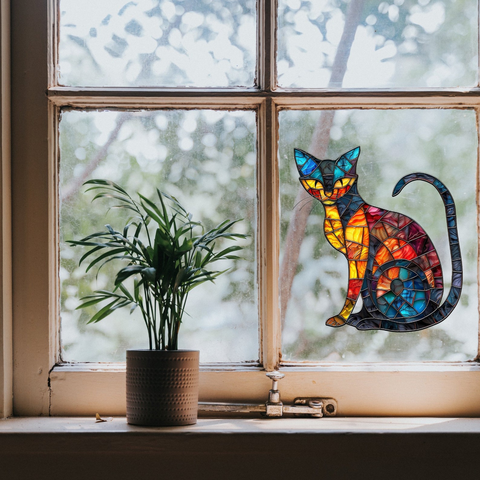 Cat Halloween Stained Glass Look Window Cling Decal Sticker Window Film ...