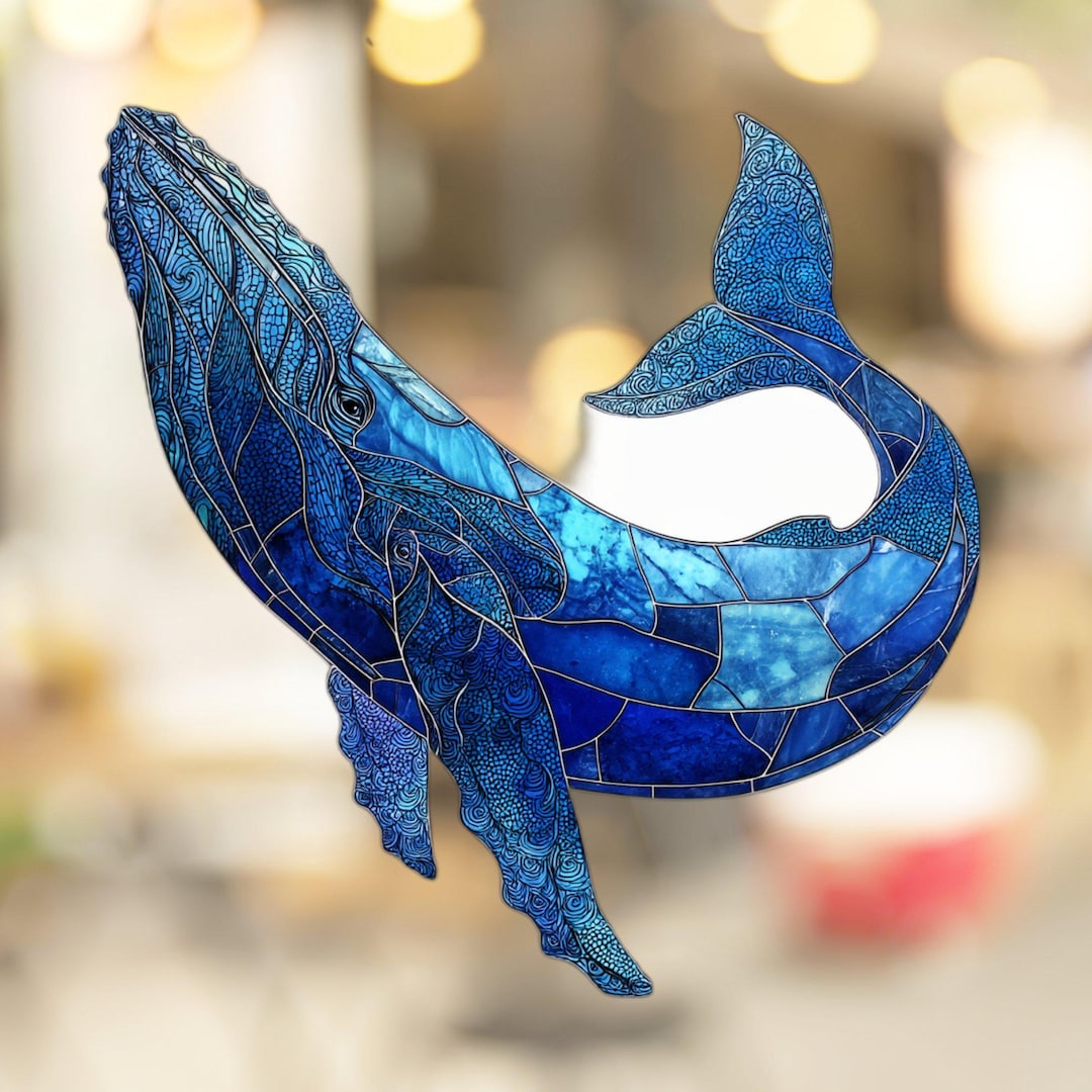 Blue Whale Window Cling Stained Glass Look Decal Sticker Window Film No ...