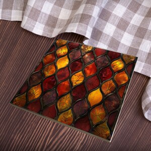 Maroon and Mustard Yellow Stained Glass Look Art on Glossy Ceramic Tile ...