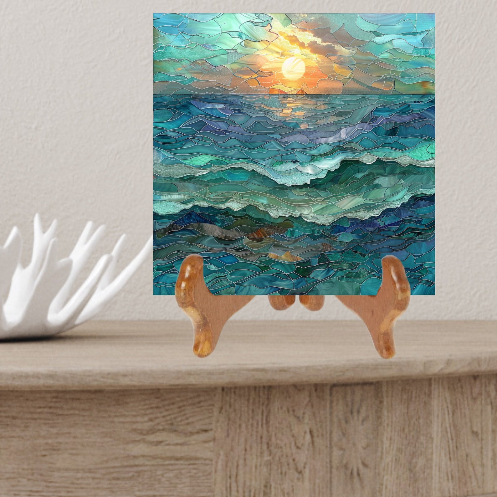 Ocean Waves at Sunrise Stained Glass Look Art on Glossy Ceramic Tile ...