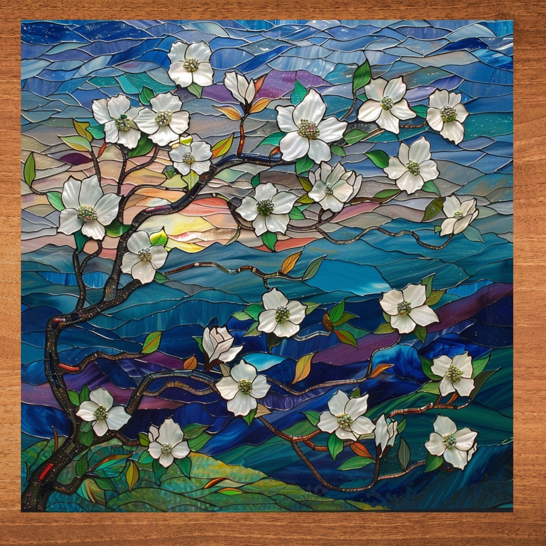 Dogwood Blooms Smoky Mountains Stained Glass Look Art on Glossy Ceramic ...