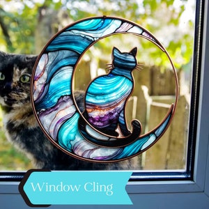 Stained Glass Cat on the Moon Window Cling Catful Petful Cat Gift ...