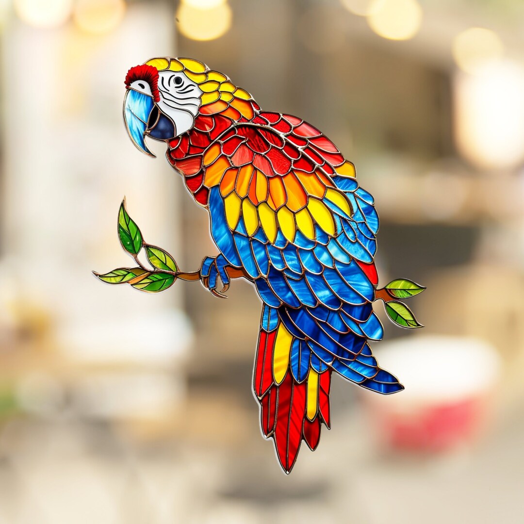 Macaw Stained Glass Window Cling Decal Sticker Vinyl Window Film Artful ...