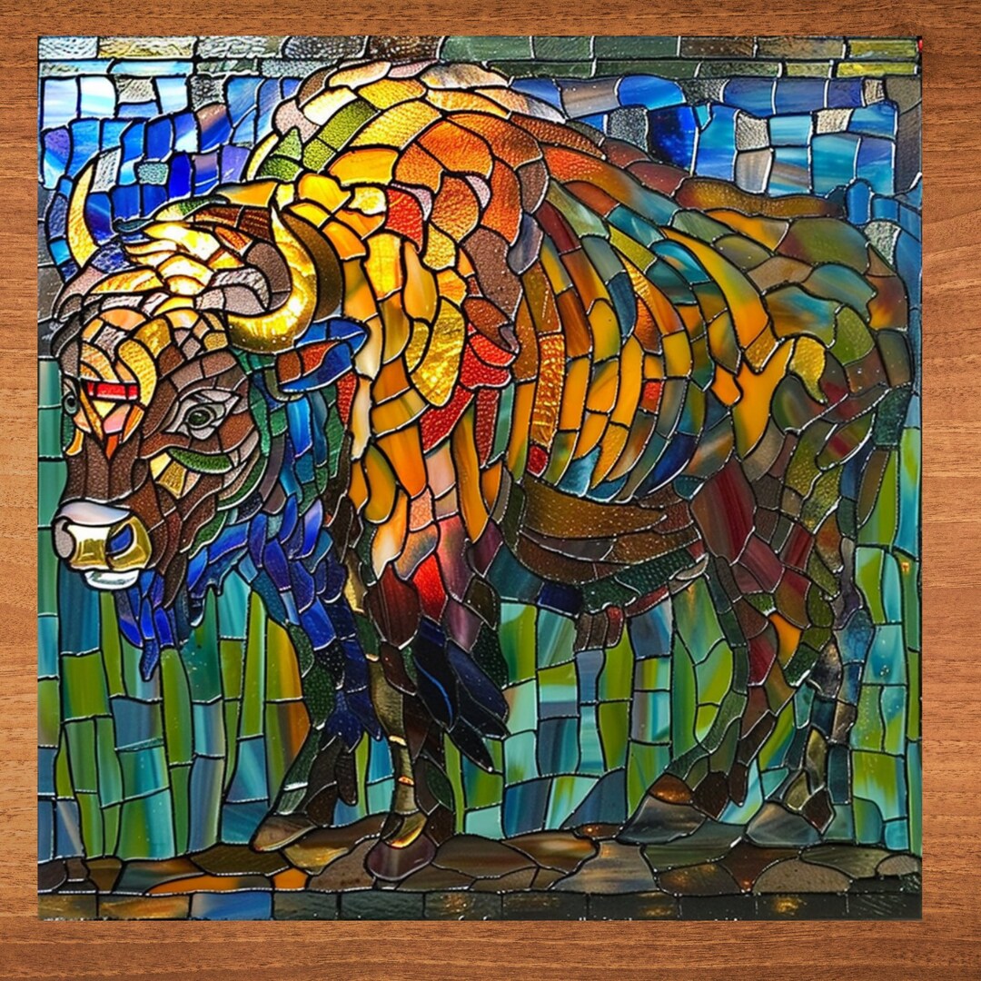 Bison Stained Glass Look Art on Glossy Ceramic Decorative Tile Tileful ...