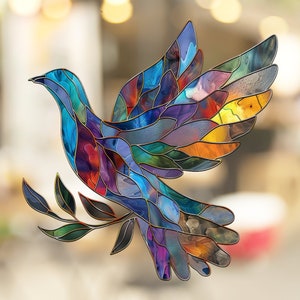 Dove Olive Branch Stained Glass Look Patriotic Window Cling for ...