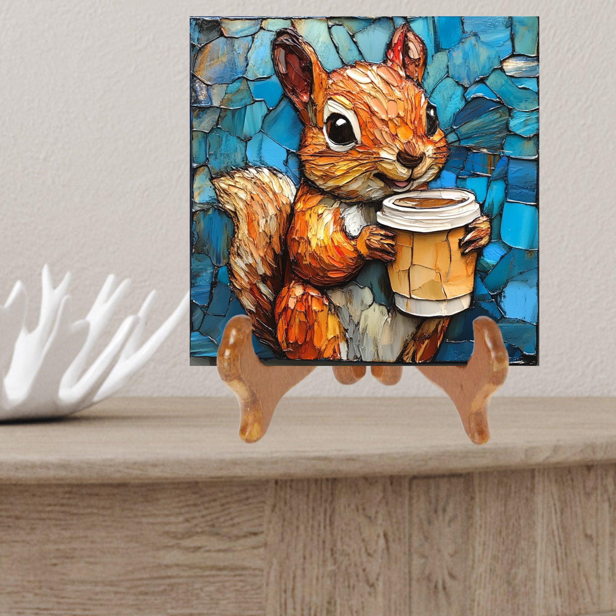 Squirrel Drinking Coffee Ceramic Tile Art Decor for Bookshelf Book Nook ...