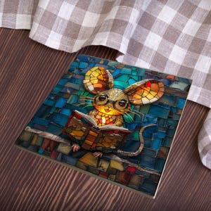 Mouse Reading Stained Glass Look Art on Glossy Ceramic Decorative Tile ...