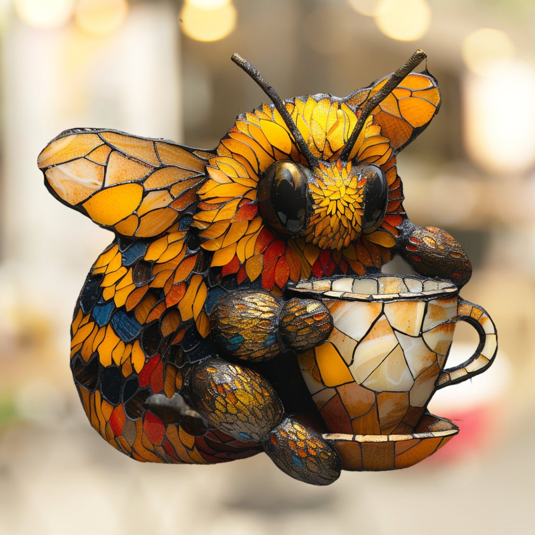 Bumblebee Morning Coffee Stained Glass Window Cling Sticker Decal Vinyl ...
