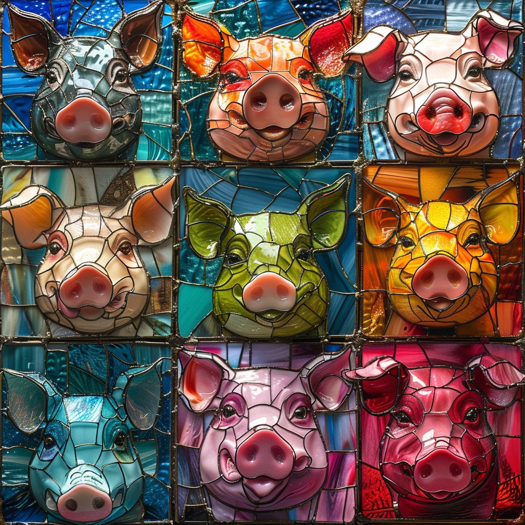 Piglet Faces Stained Glass Look Art on Glossy Ceramic Decorative Tile ...