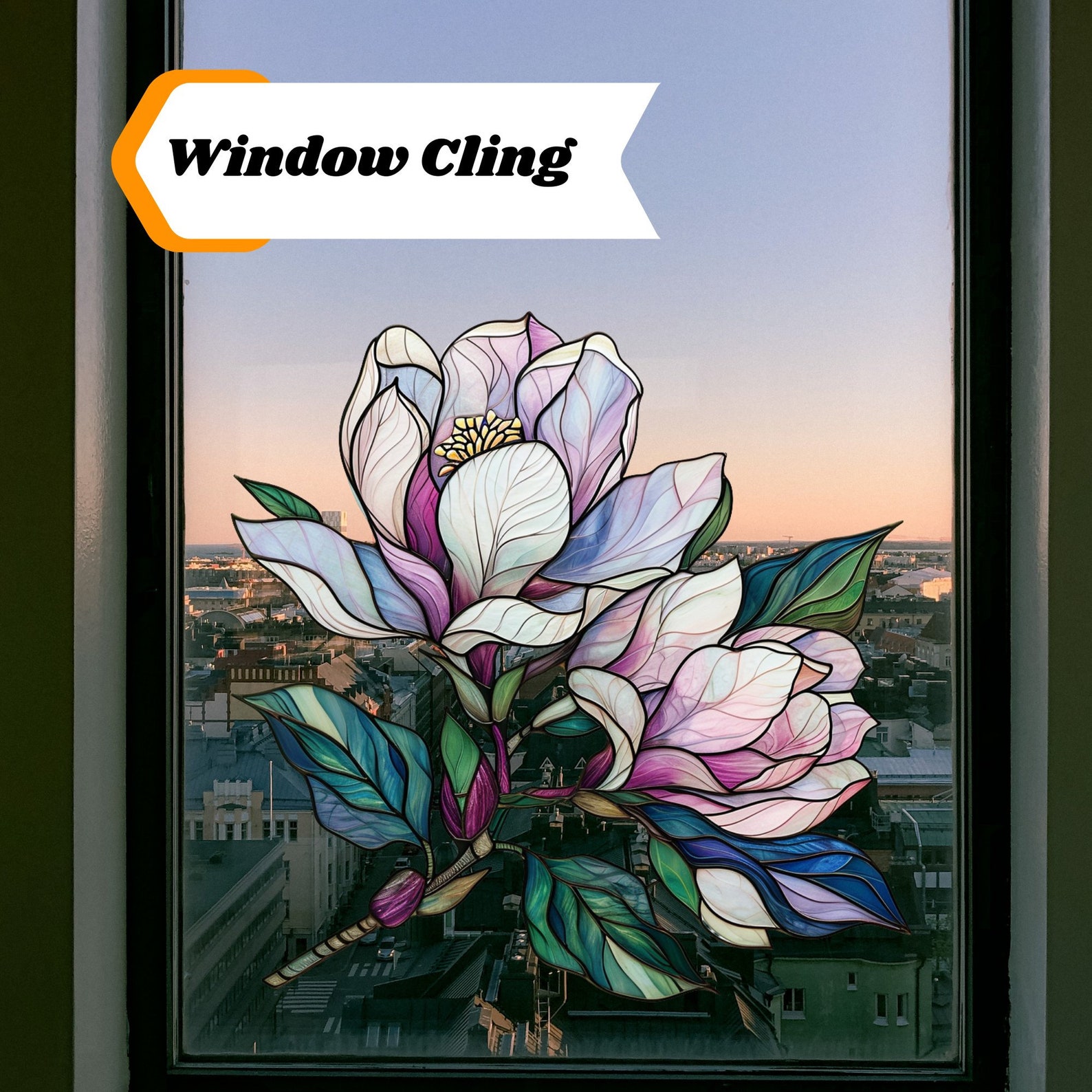Magnolia Stained Glass Window Cling Beautiful Flower Window Artwork ...