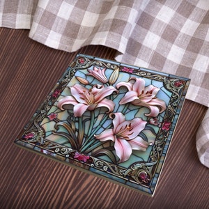 5701_WA_TILE Pink Lilies Ceramic Art Tile Art Nouveau Deco Wall Decor ...