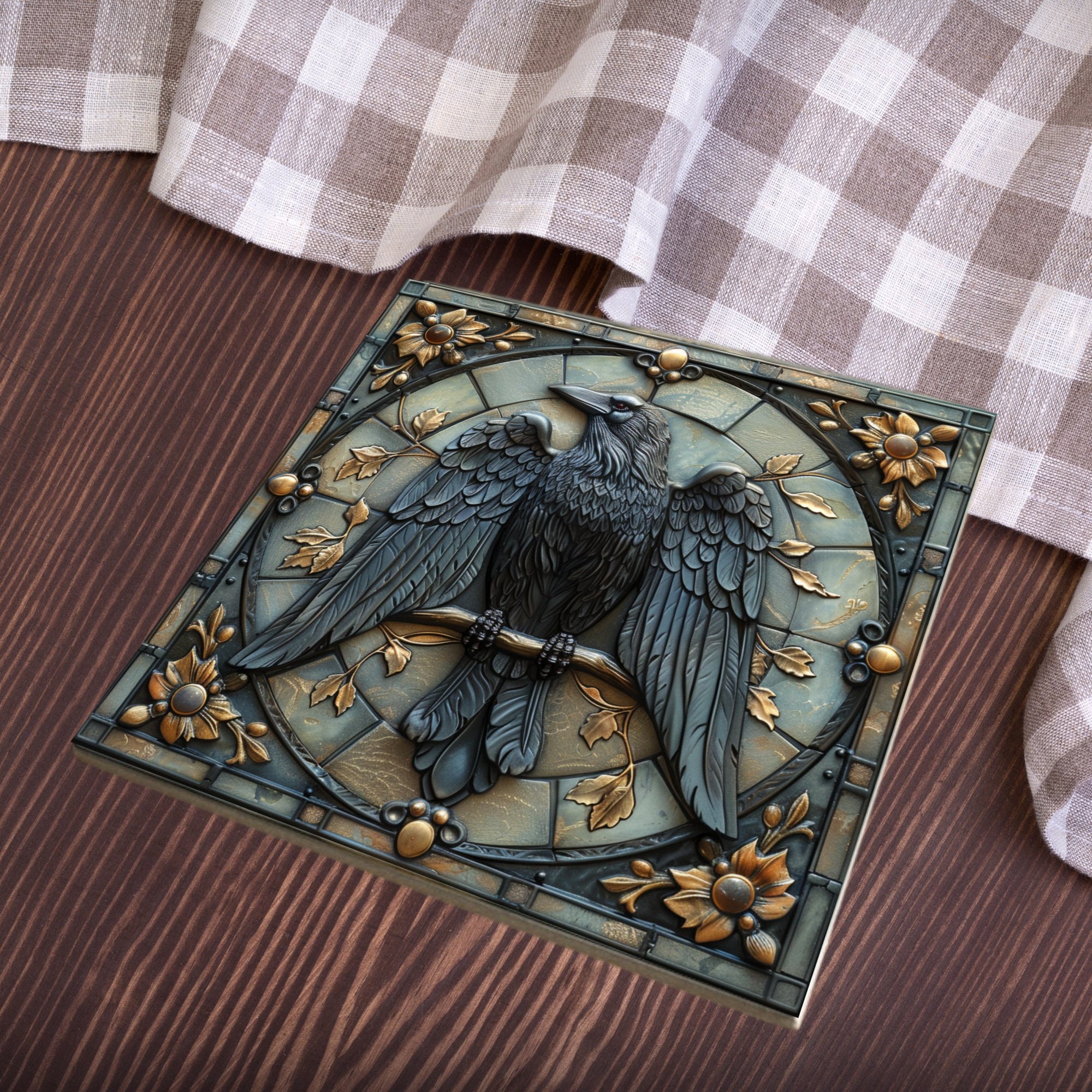 Raven Art Nouveau Ceramic Art Tile Decorative Glossy Tile for Bookshelf ...