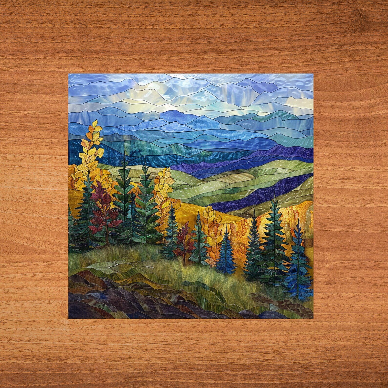 Fall Mountain Vista Ceramic Art Tile Stained Glass Look Glossy ...