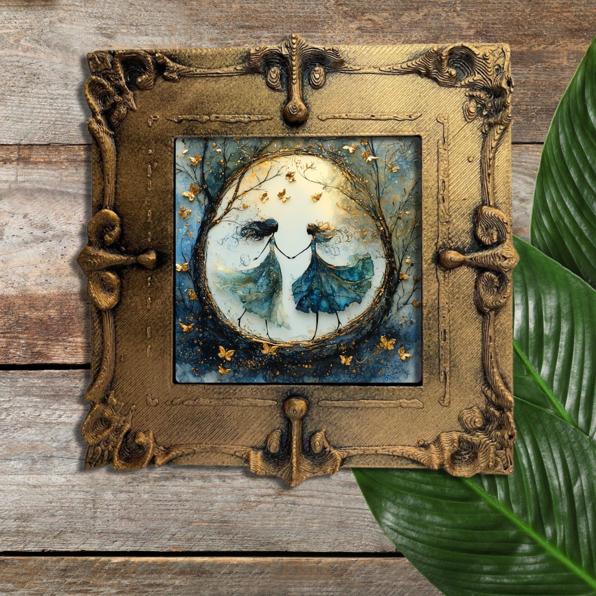 Winter Fairies in Blue Tiny Art Fridge Magnet Gold Framed Fridgescaping ...