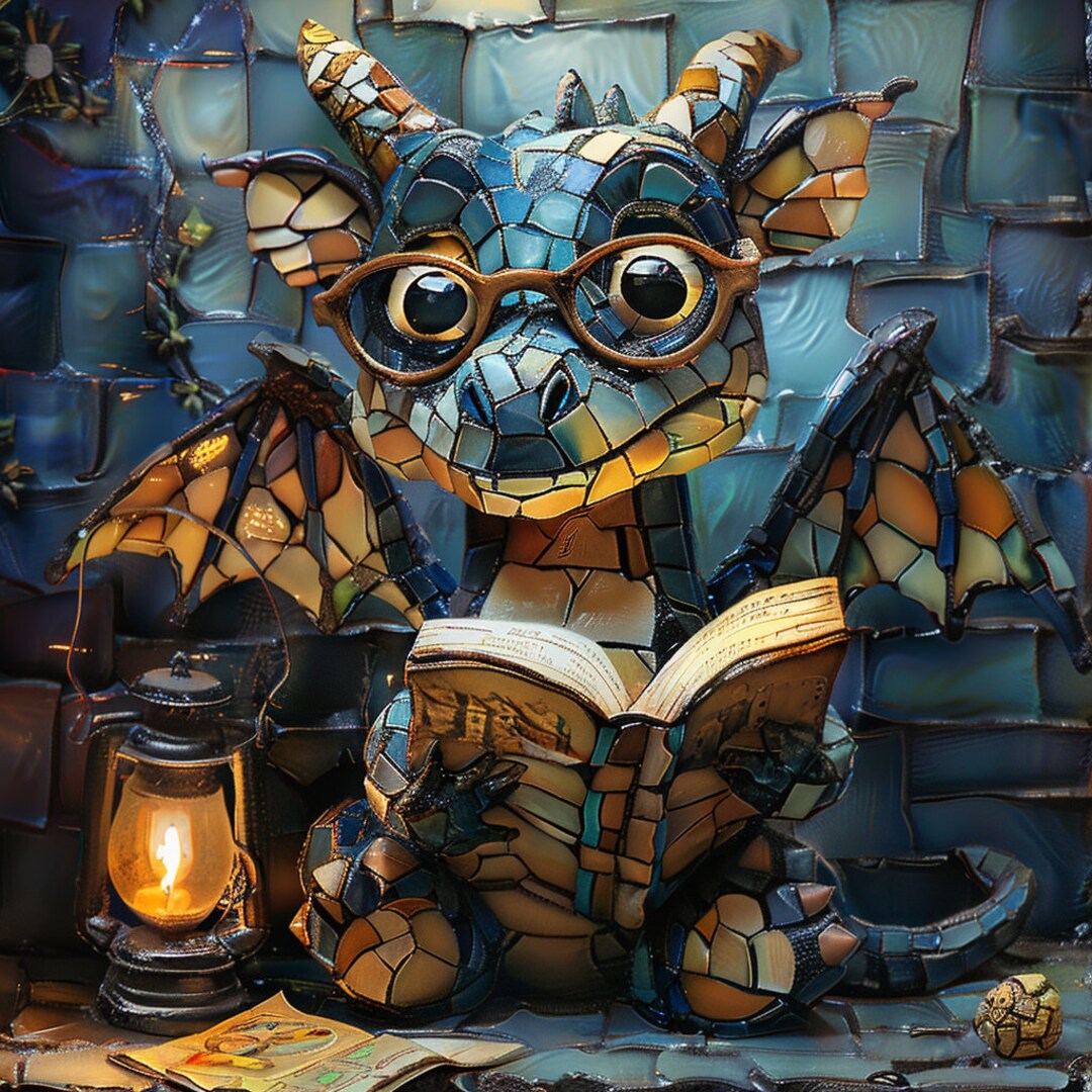 Dragon Reading Stained Glass Look Art on Glossy Ceramic Decorative Tile ...